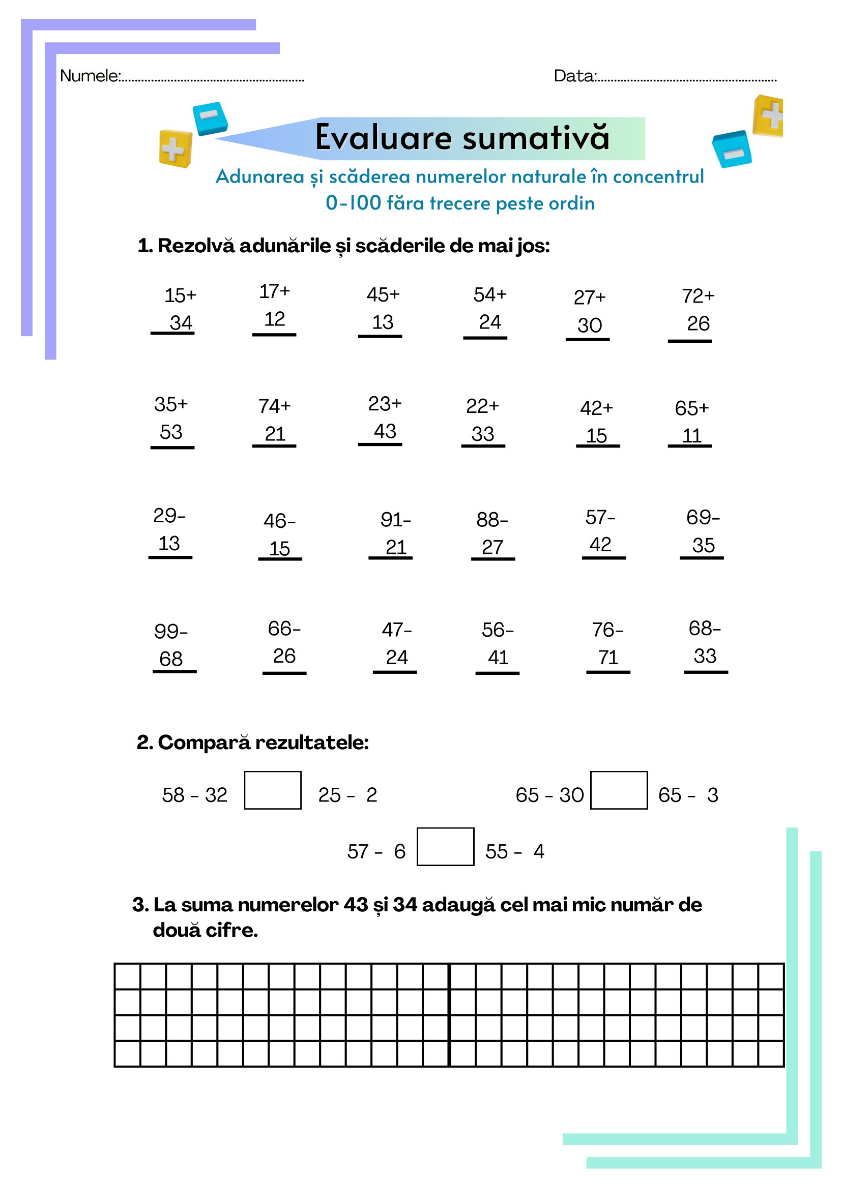 AcademiaABC – Evaluare-Adunarea şi scăderea numerelor naturale în concentrul 0-100 fără trecere ...
