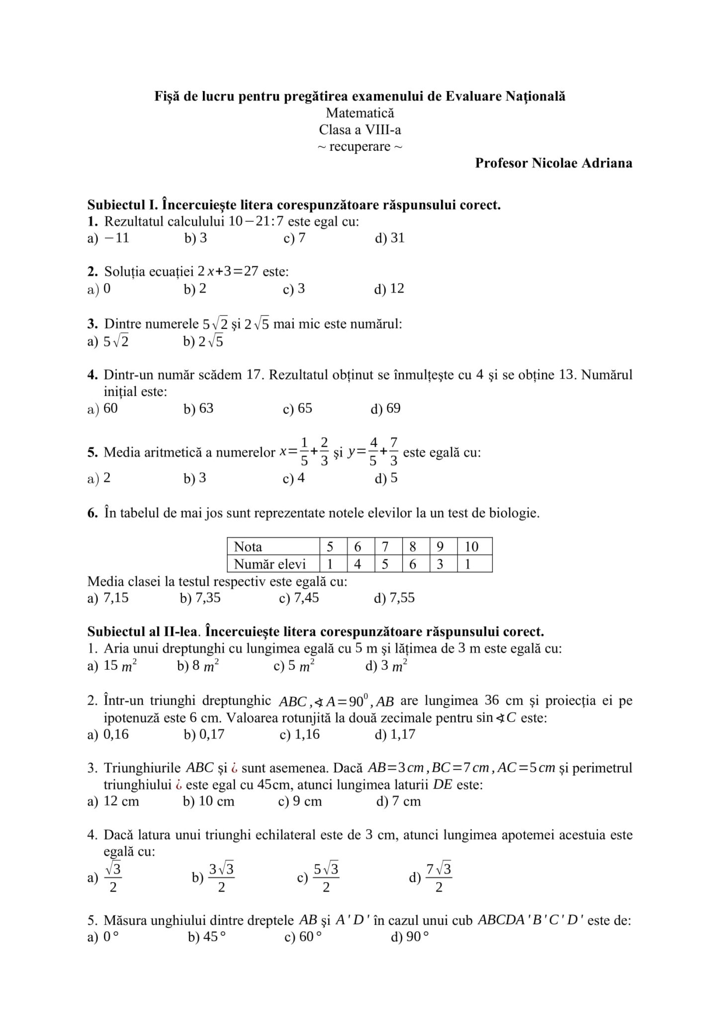 AcademiaABC – Fișă de lucru Matematică Evaluare Națională Clasa a VIII-a (Recuperare)