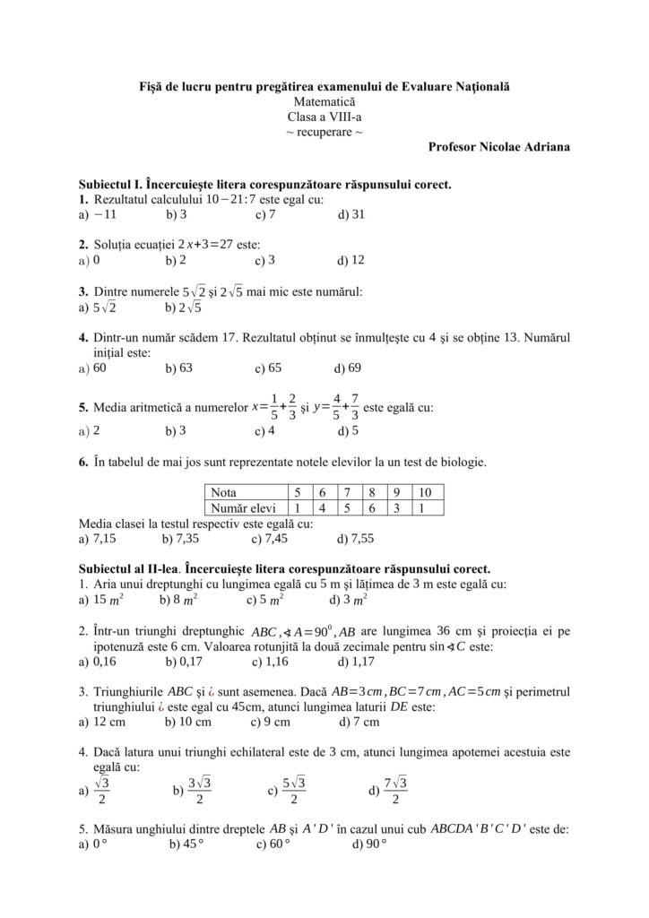 AcademiaABC – Fișă de lucru Matematică Evaluare Națională Clasa a VIII-a (Recuperare)