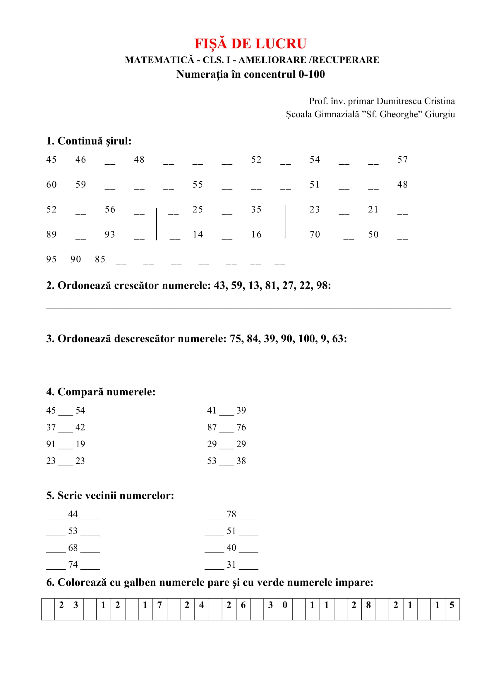 AcademiaABC – Fișă de lucru Matematică Clasa I-Numerația în concentrul 0-100(Ameliorare/Recuperare)
