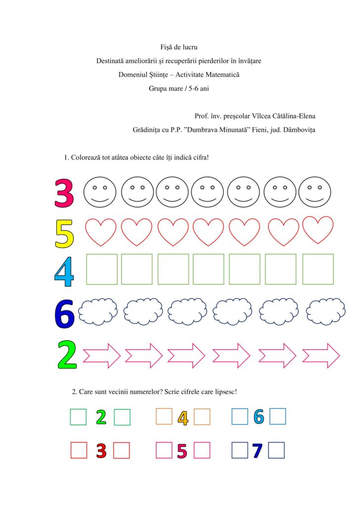 AcademiaABC – Fișă de lucru Grădiniță Grupa mare-Activitate Matematică(Ameliorare/Recuperare)
