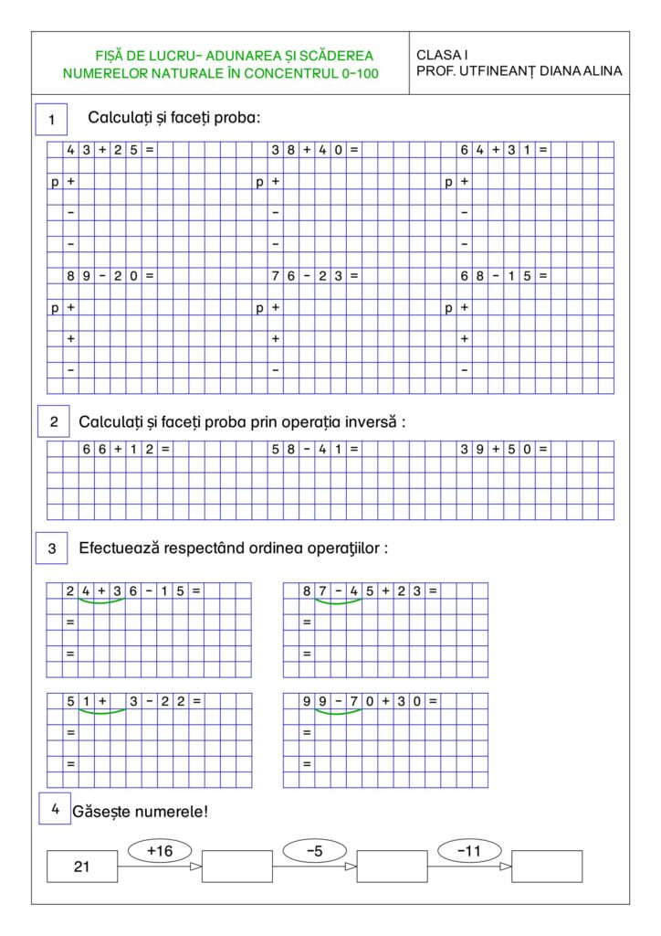 AcademiaABC – Fișă de lucru-Adunarea și scăderea numerelor naturale 0-100