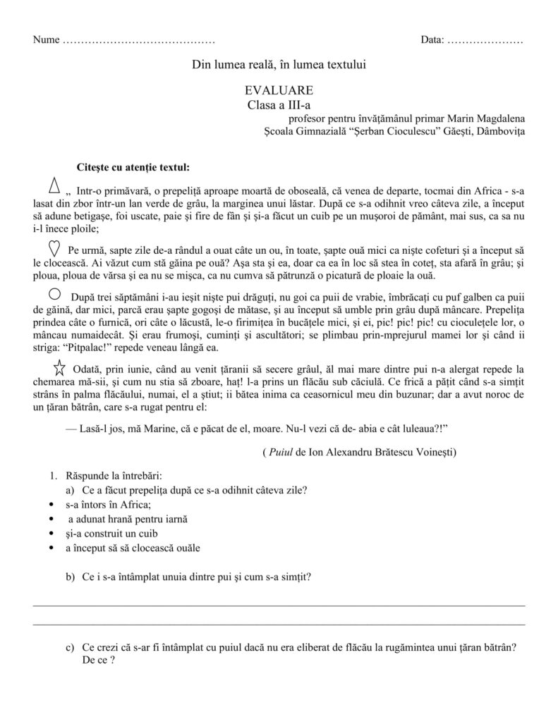 AcademiaABC – Evaluare Clasa a III-a Din lumea reală, în lumea textului