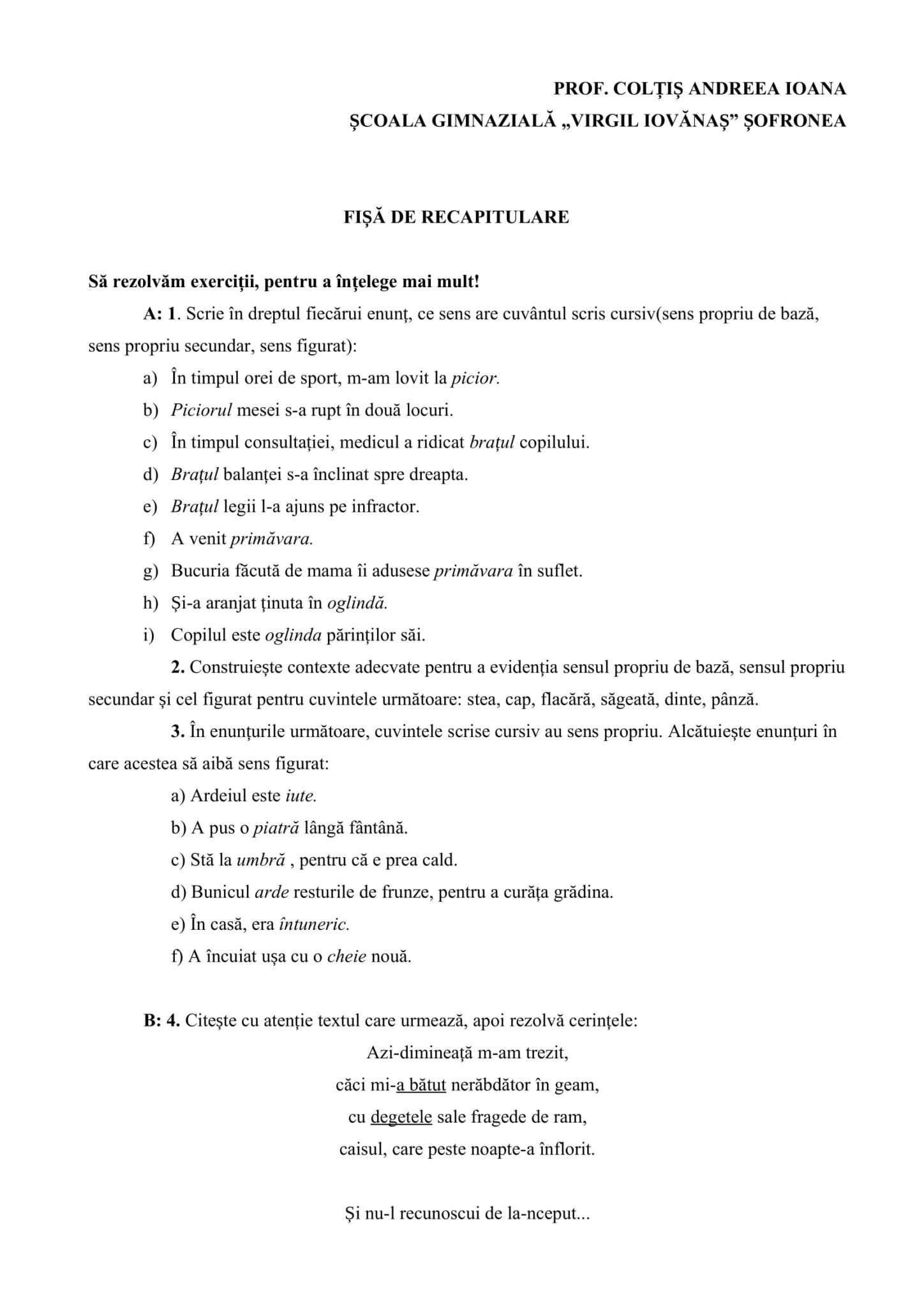 AcademiaABC – Fișă de recapitulare Limba și literatura română(Ameliorare și recuperare)