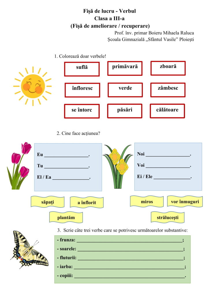 AcademiaABC – Fișă de lucru Clasa a III-a Verbul (Ameliorare/Recuperare)