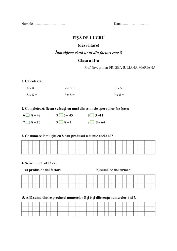 AcademiaABC – Fișă de lucru Clasa a II-a Înmulțirea când unul dintre factori este 8 (Dezvoltare)