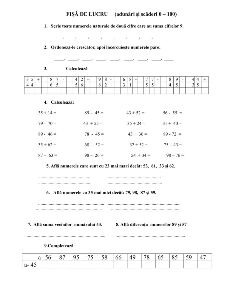 AcademiaABC – Fișă de lucru-Adunarea scăderea numerelor naturale 0- 100