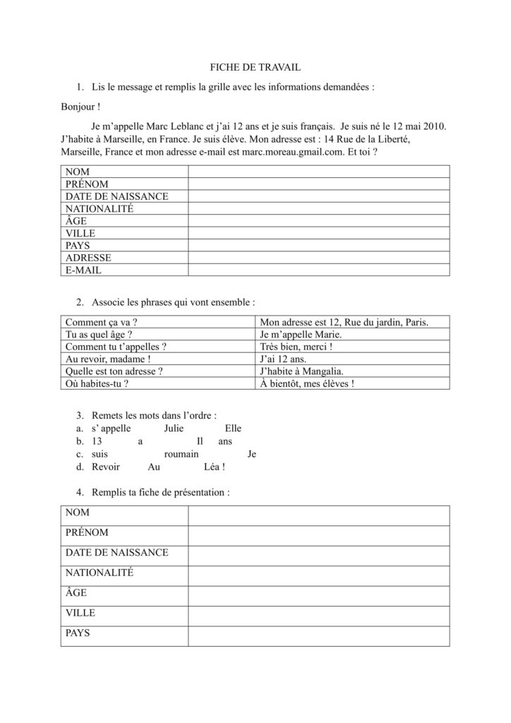 AcademiaABC – Fișă de lucru diferențiată Limba franceză Clasa a V-a Je ...