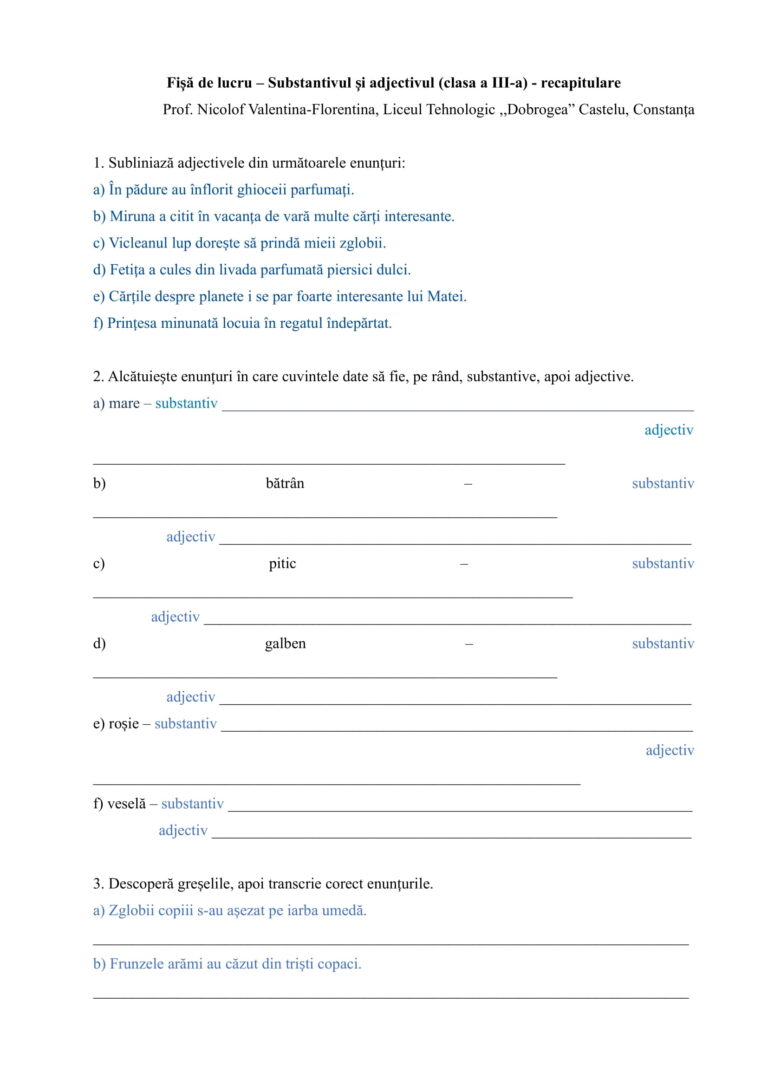 AcademiaABC – Fișă de lucru–Substantivul și adjectivul (clasa a III-a) - Recapitulare