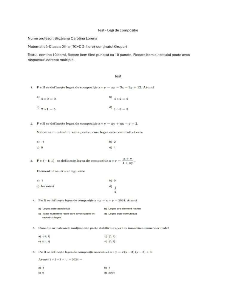 AcademiaABC – Test Matematică Clasa a XII-a Legi de compoziție