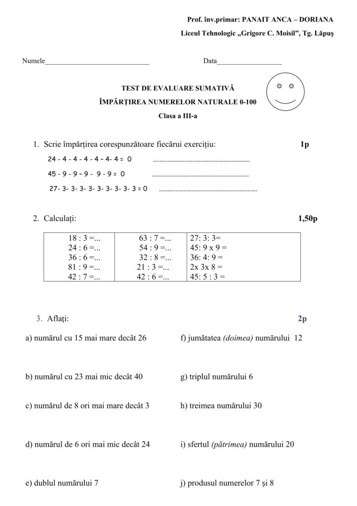 AcademiaABC – Evaluare Matematică Clasa a III-a Împărțirea numerelor 0-100
