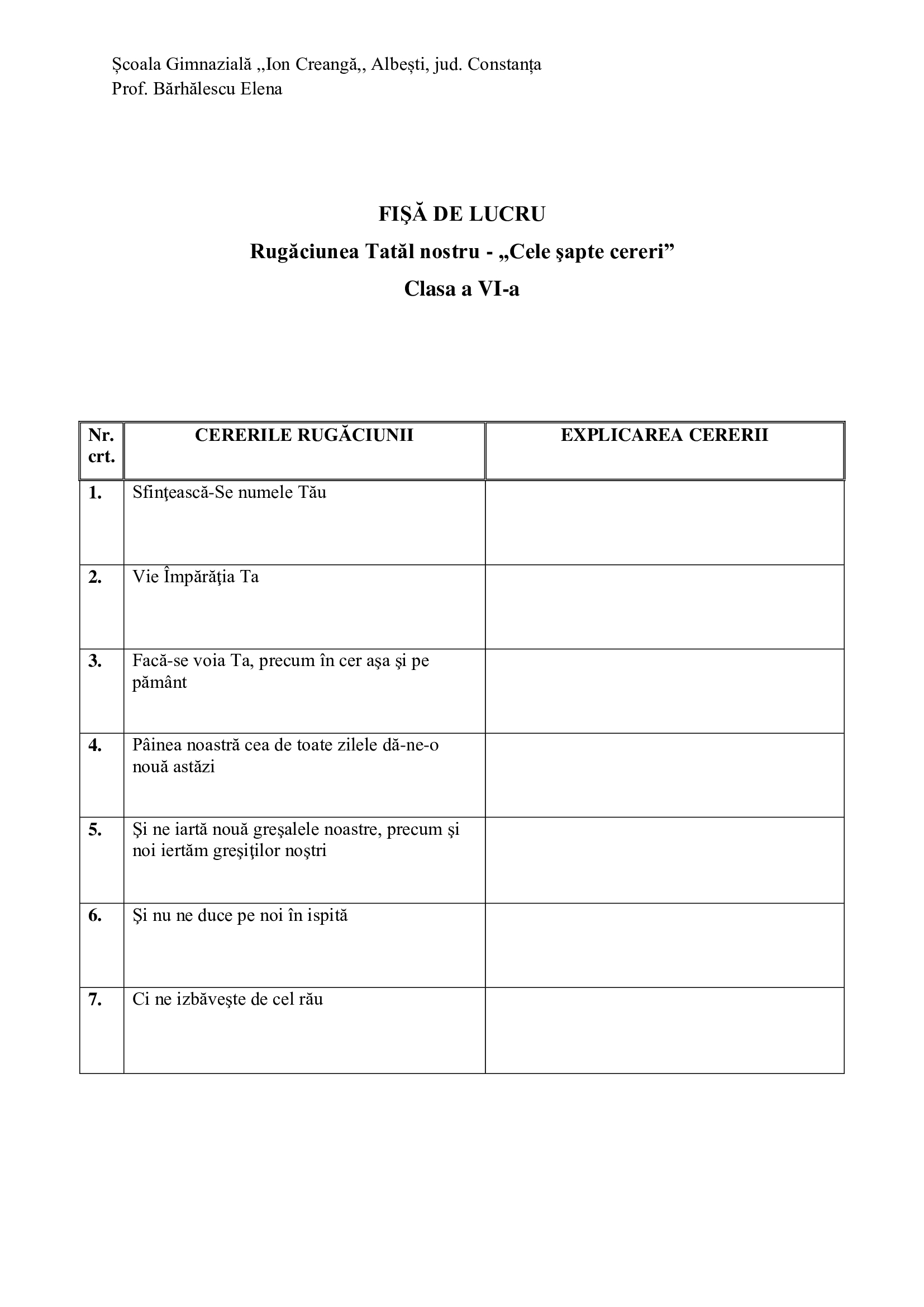 AcademiaABC – Fișă de lucru Religie-Rugăciunea Tatăl nostru - „Cele ...