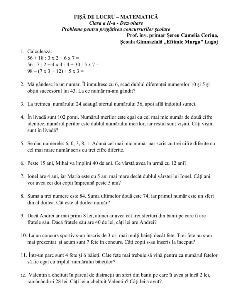 AcademiaABC – Fișă de lucru Clasa a II-a Probleme pentru pregătirea concursurilor școlare ...