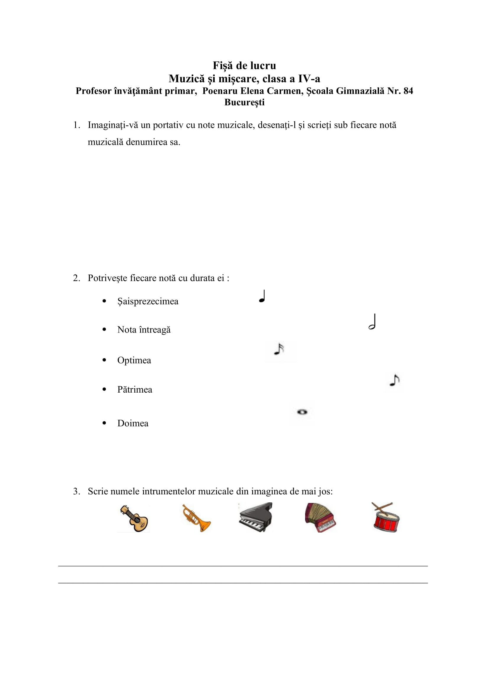 AcademiaABC – Fișă de lucru Muzică și mișcare practice Clasa a IV-a