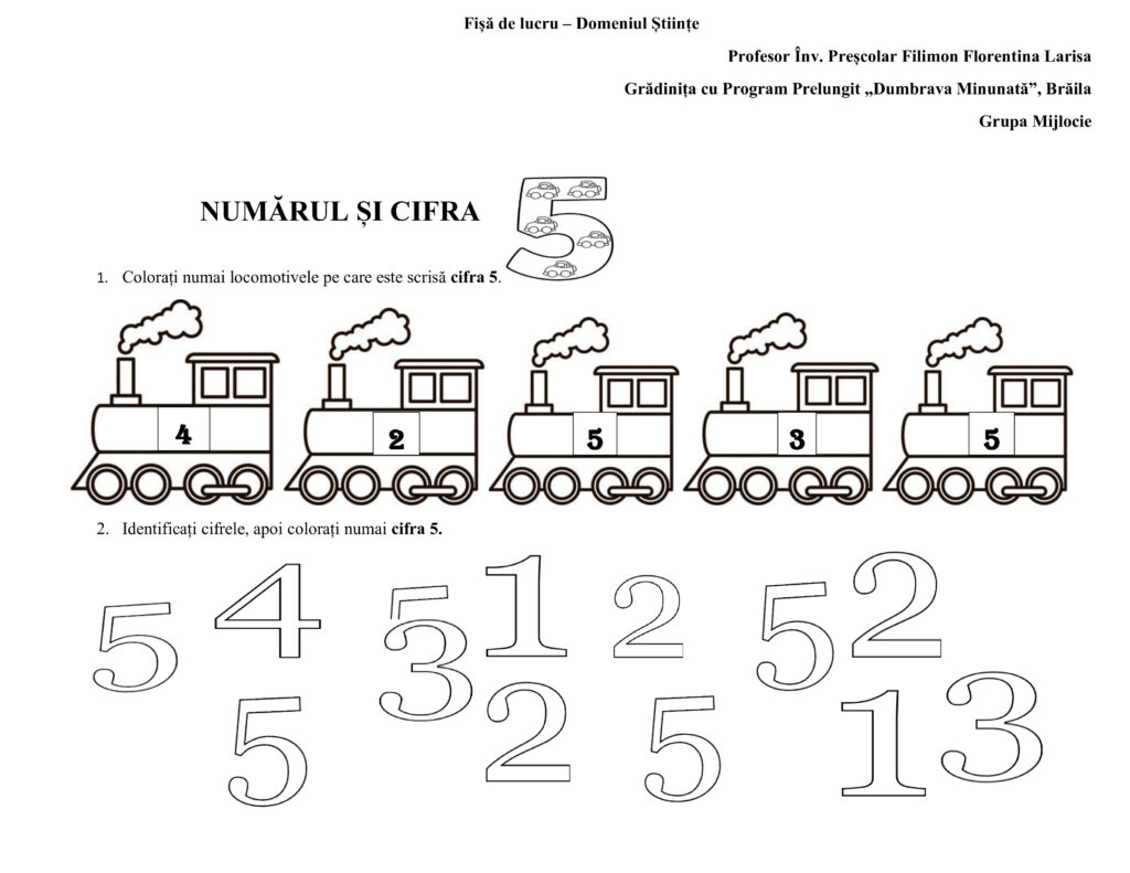 AcademiaABC – Fișă de lucru Domeniul Științe Grupa mijlocie-Numărul și cifra 5