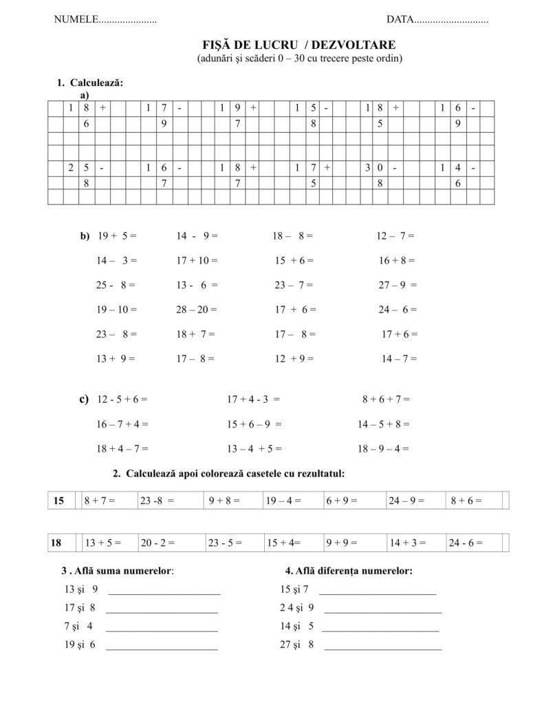 AcademiaABC – Fișă de lucru Clasa I Adunări şi scăderi 0–30 cu trecere peste ordin(Dezvoltare)