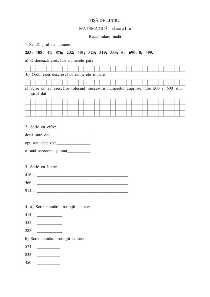 AcademiaABC – Fișă de lucru Matematică Clasa a II-a Recapitulare finală