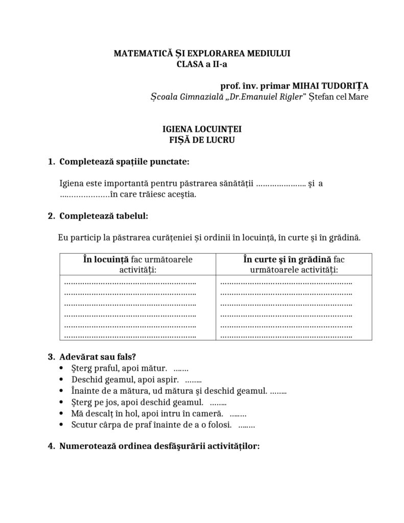 AcademiaABC – Fișă de lucru MEM-Igiena locuinței Clasa a II-a