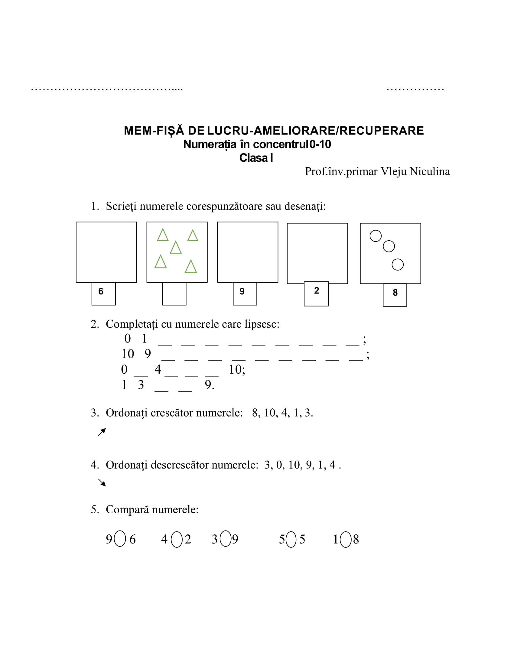 AcademiaABC – Fișă de lucru Clasa I MEM-Numerația în concentrul 0-10 ...