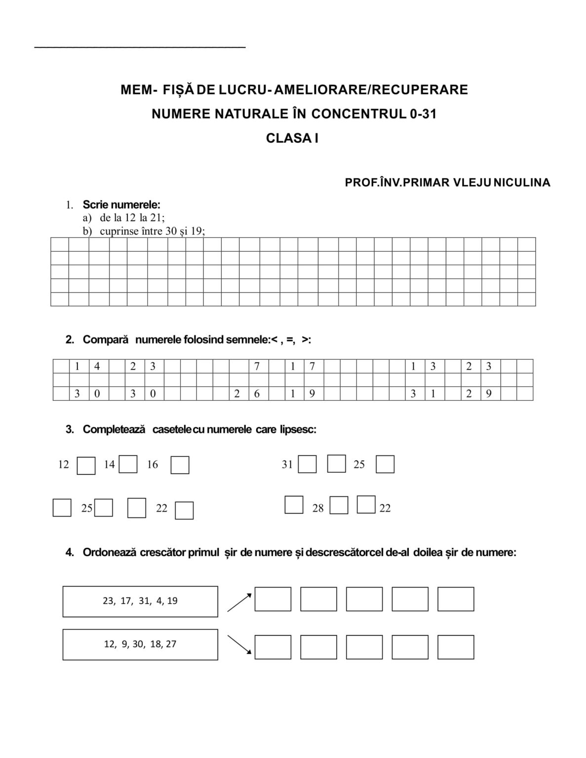 AcademiaABC – Fișă de lucru Clasa I MEM-Numere naturale în concentrul 0-31(Ameliorare/Recuperare)