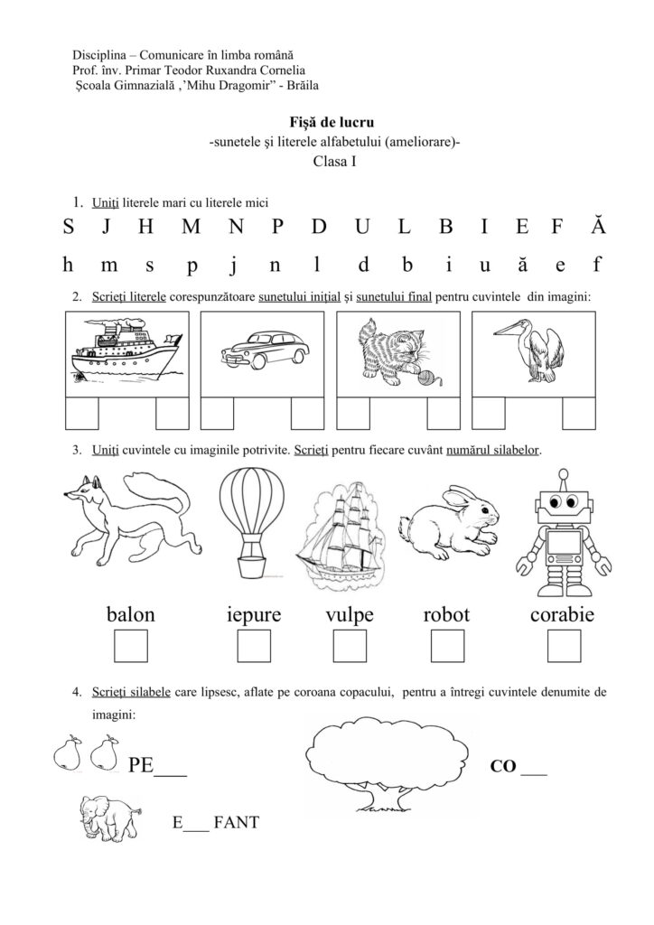 AcademiaABC – Fișă de lucru Sunetele şi literele alfabetului Clasa I (Ameliorare)
