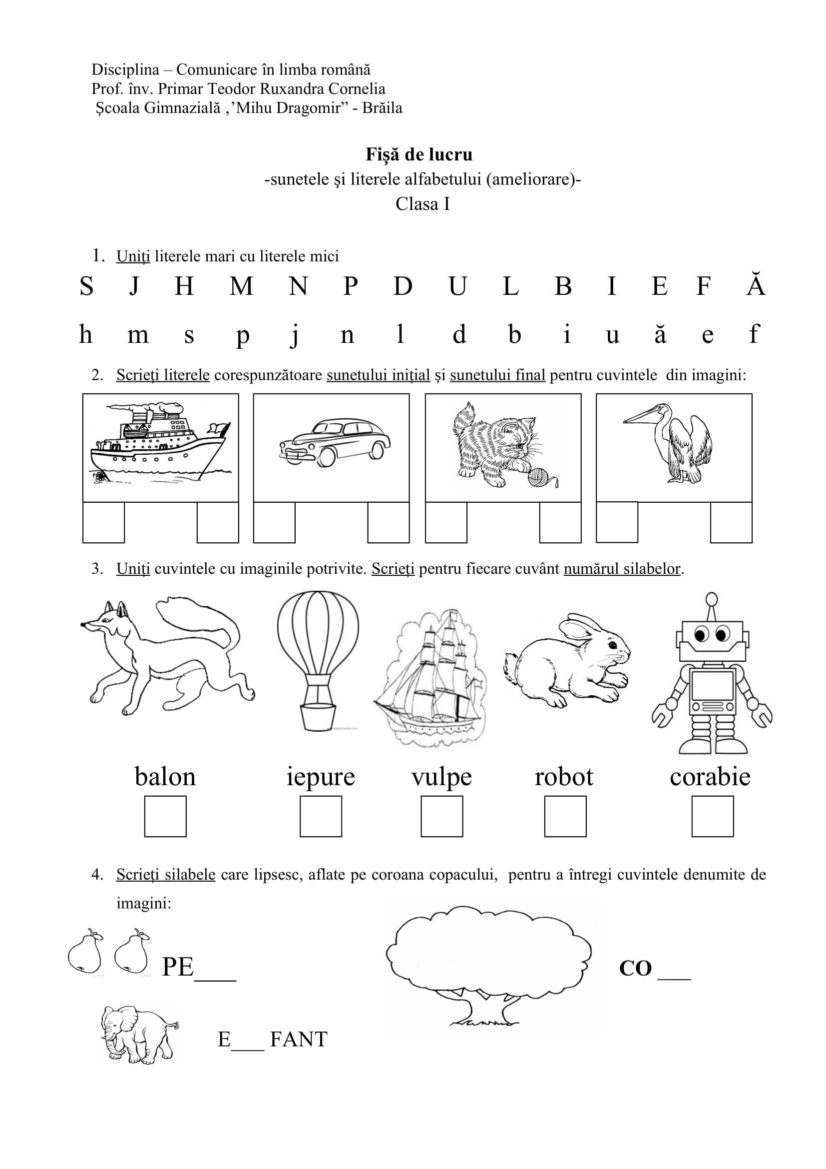 AcademiaABC – Fișă de lucru Sunetele şi literele alfabetului Clasa I (Ameliorare)