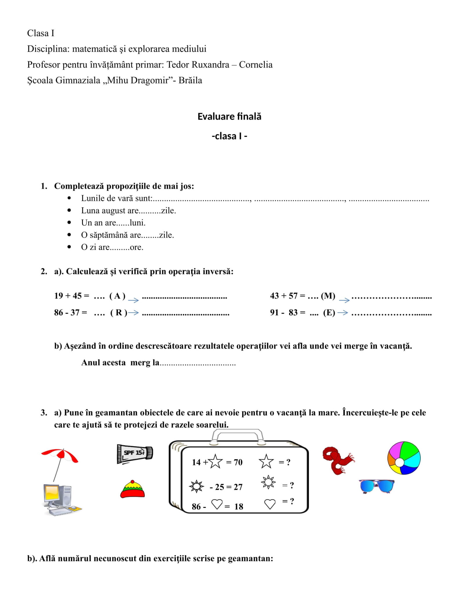 AcademiaABC – Evaluare finală Matematică Clasa I