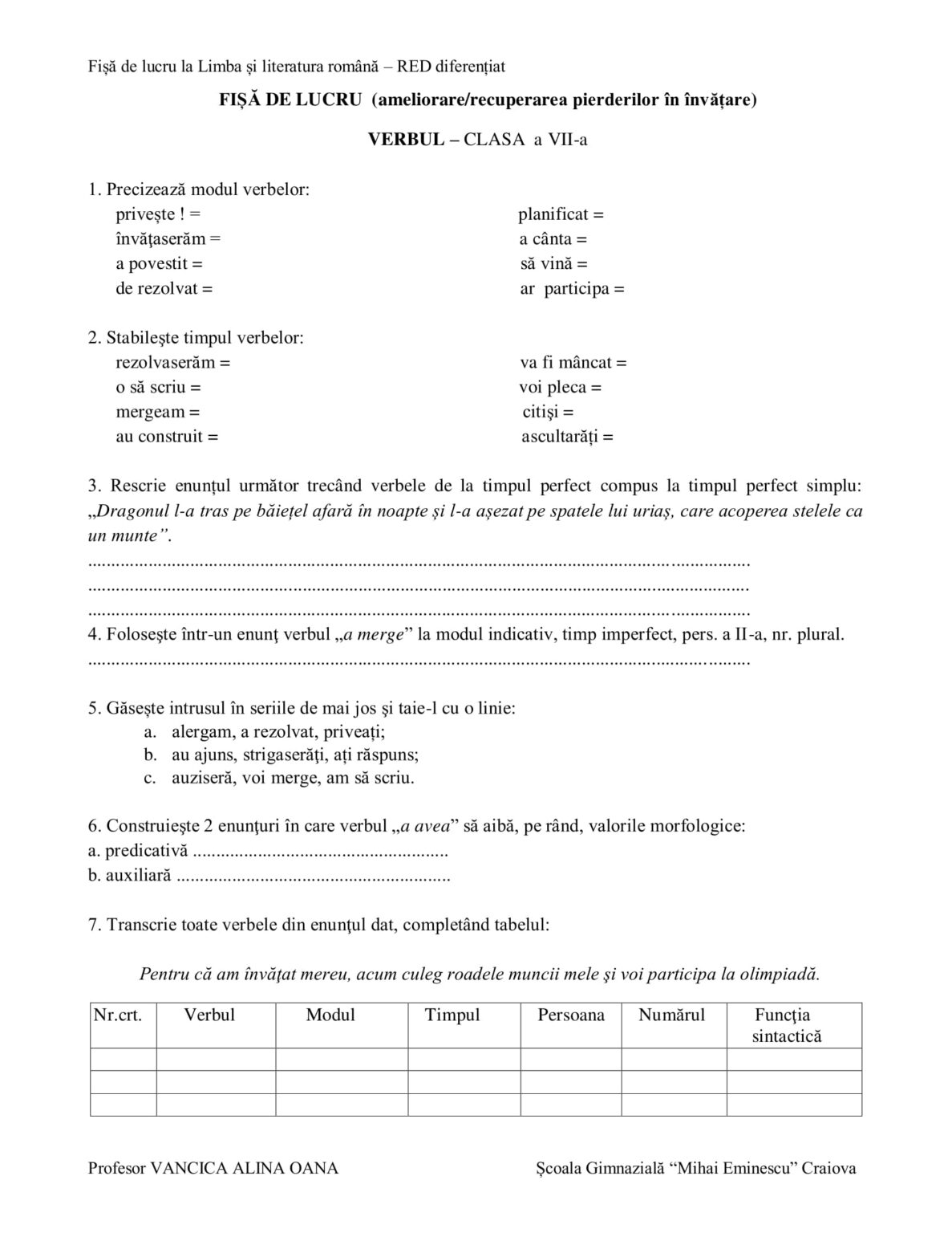 AcademiaABC – Fișă de lucru Clasa a VII-a Verbul (Ameliorare/Recuperare)