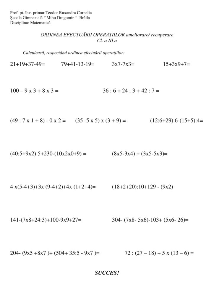 AcademiaABC – Ordinea efectuării operațiilor-Matematică Clasa a III-a(Ameliorare/Recuperare)