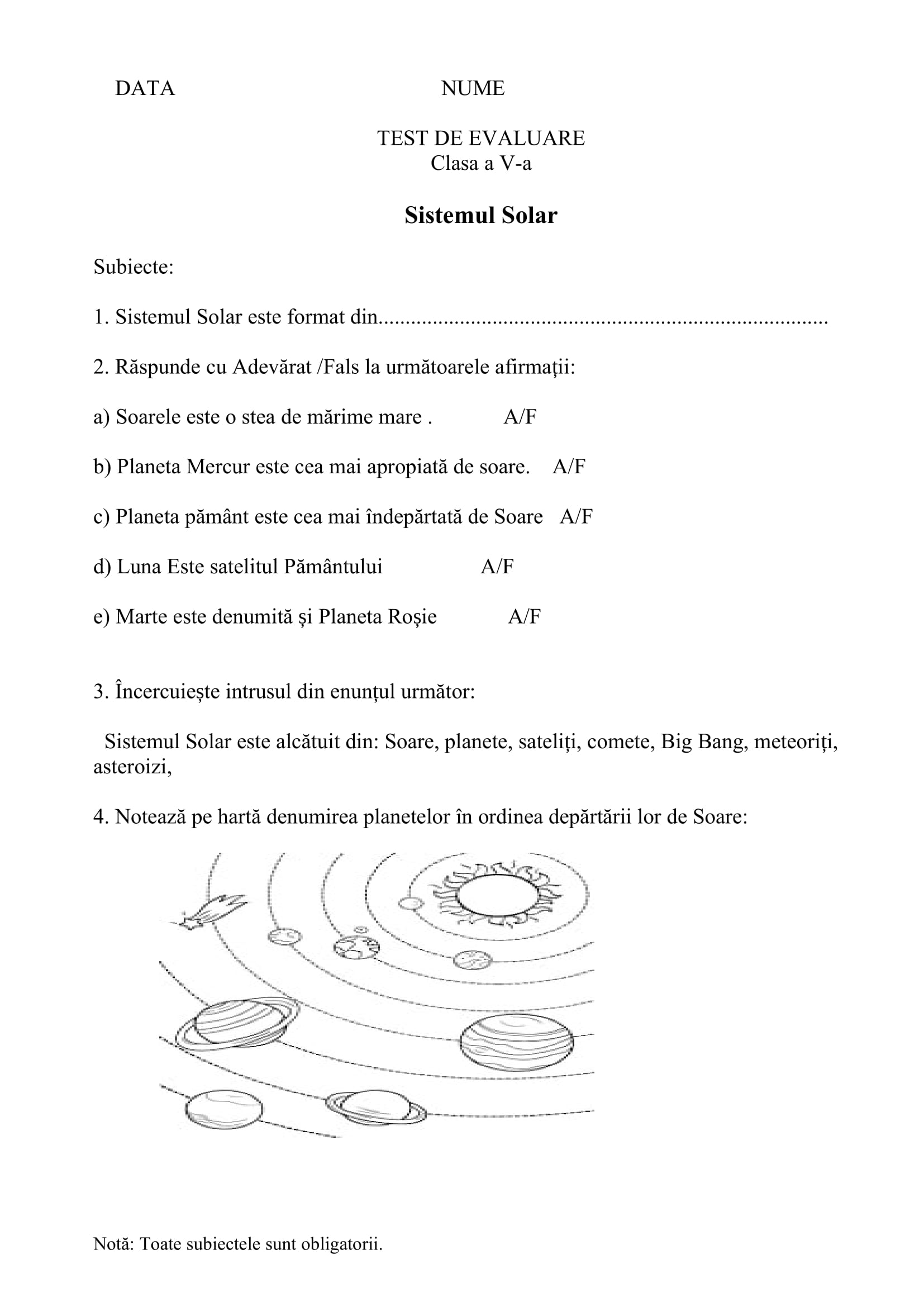 AcademiaABC – Evaluare Geografie Clasa a V-a Sistemul Solar