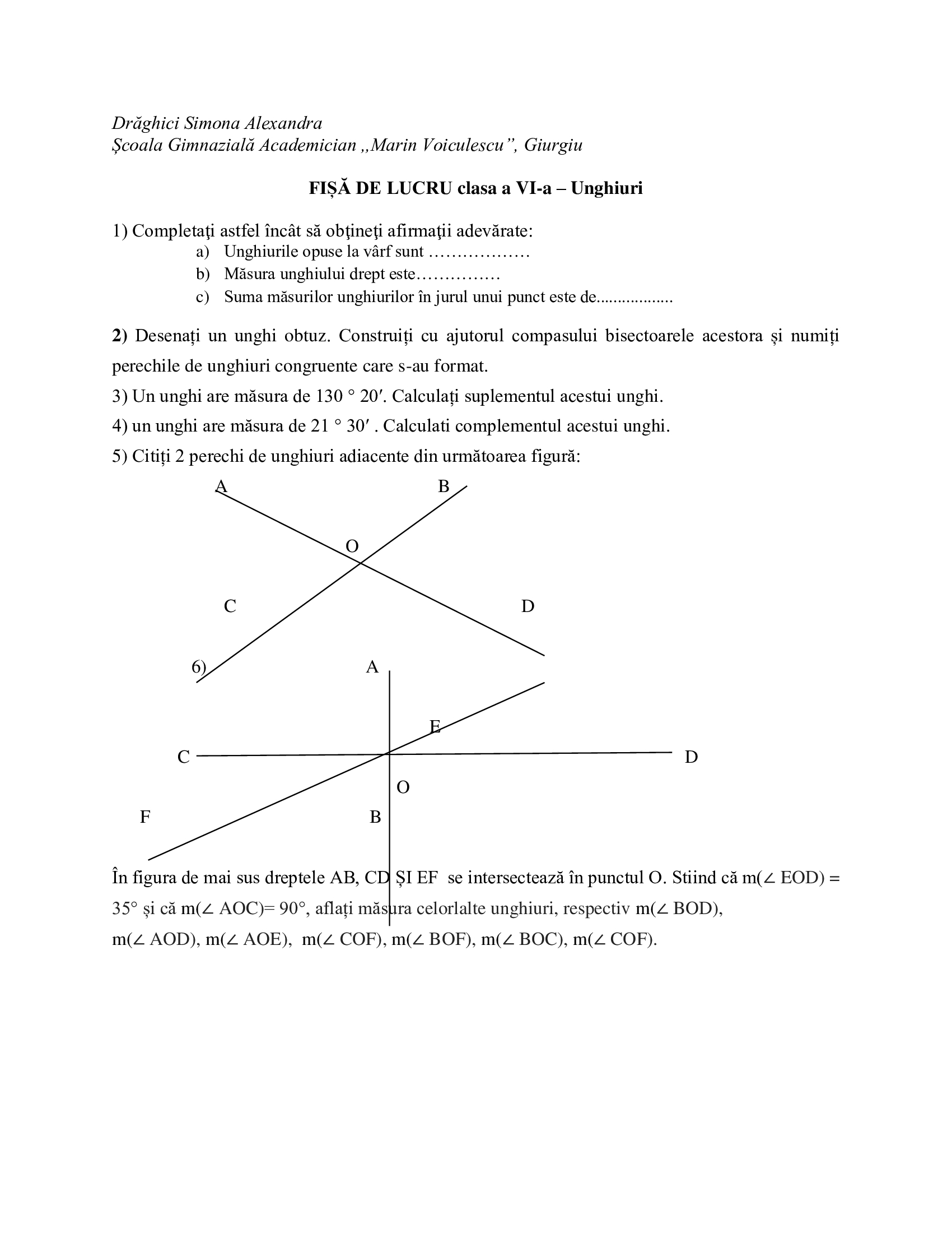 AcademiaABC – Fișă de lucru Clasa a VI-a Unghiuri