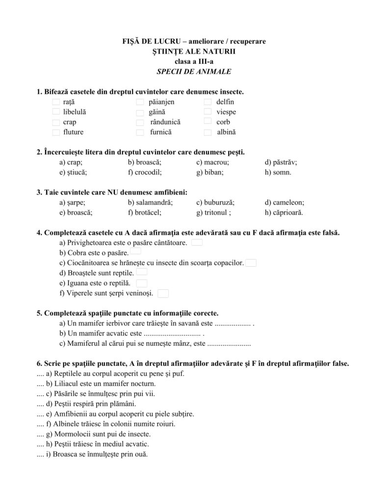 AcademiaABC – Fișă de lucru Științe ale naturii Clasa a III-a Specii de animale (Ameliorare ...