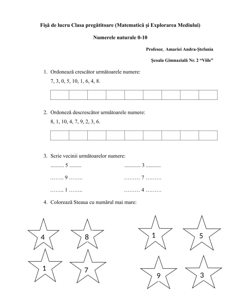 AcademiaABC – Fișă de lucru Clasa pregătitoare (Matematică și Explorarea Mediului)-Numerelor ...