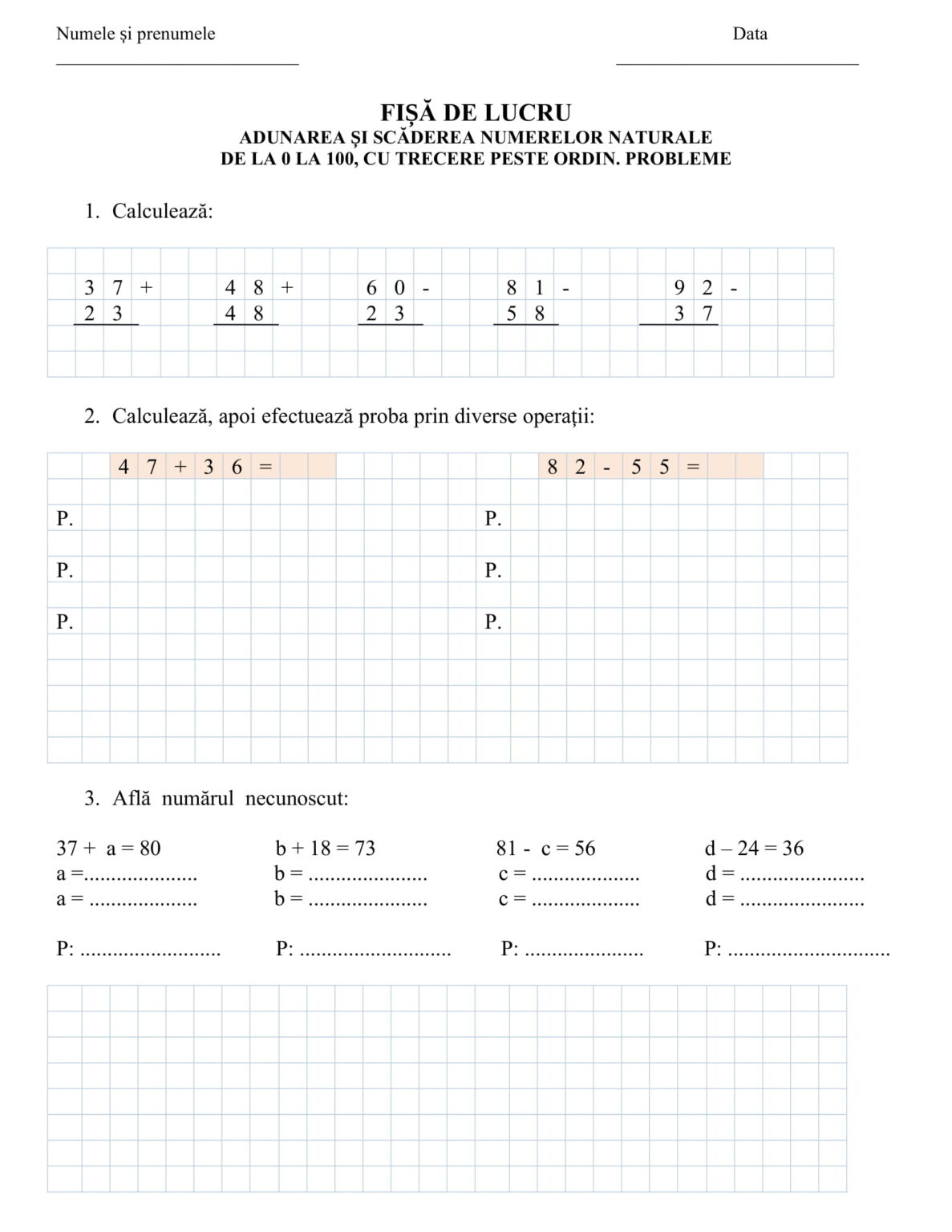 AcademiaABC – Fișă de lucru-Adunarea și scăderea numerelor naturale de la 0 la 100, cu trecere ...
