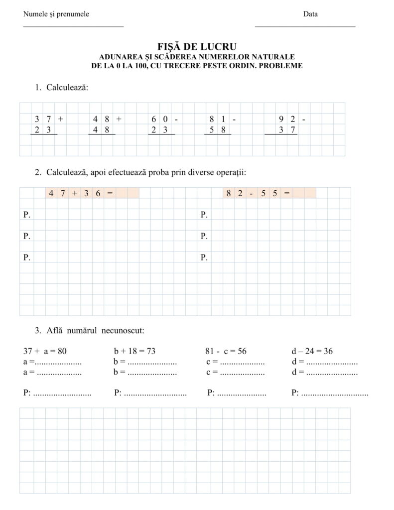 AcademiaABC – Fișă de lucru-Adunarea și scăderea numerelor naturale de la 0 la 100, cu trecere ...