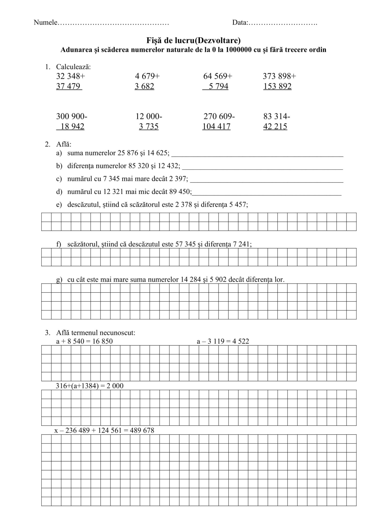 AcademiaABC – Fișă de lucru Clasa a IV-a Adunarea și scăderea numerelor naturale de la 0 la ...