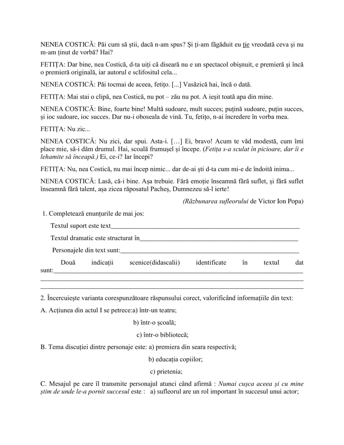 AcademiaABC – Fișă de lucru Clasa a VII-a Limba și literatura română