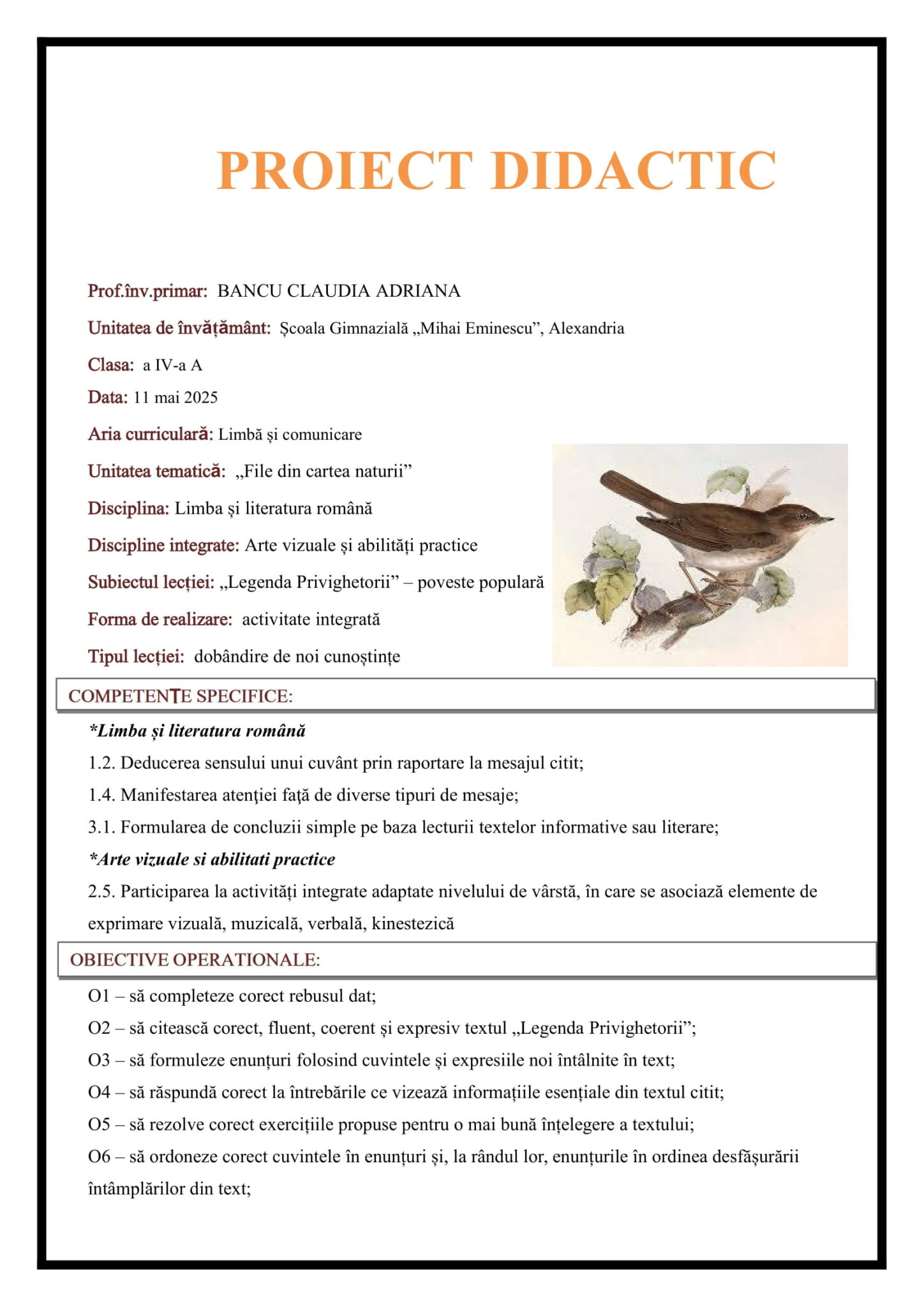 AcademiaABC – Proiect didactic Clasa a IV-a „Legenda privighetorii” – poveste populară