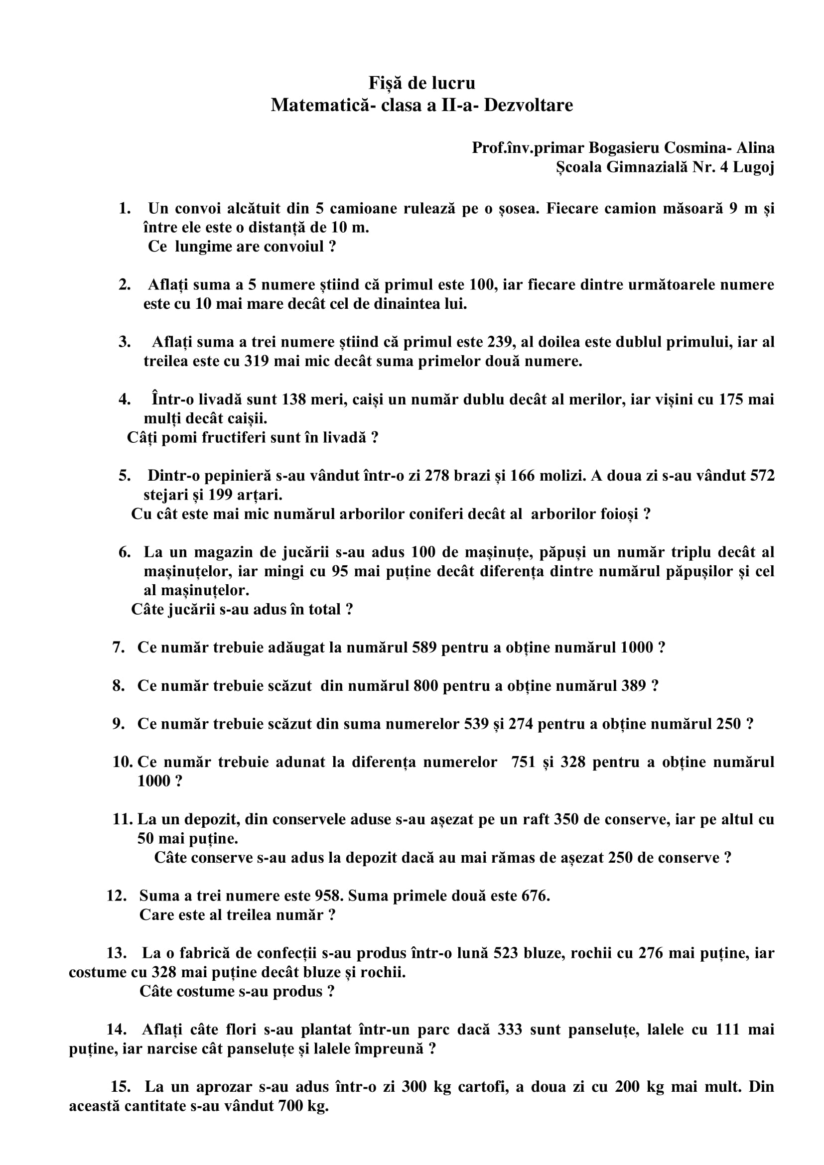AcademiaABC – Fișă de lucru Matematică Clasa a II-a (Dezvoltare)