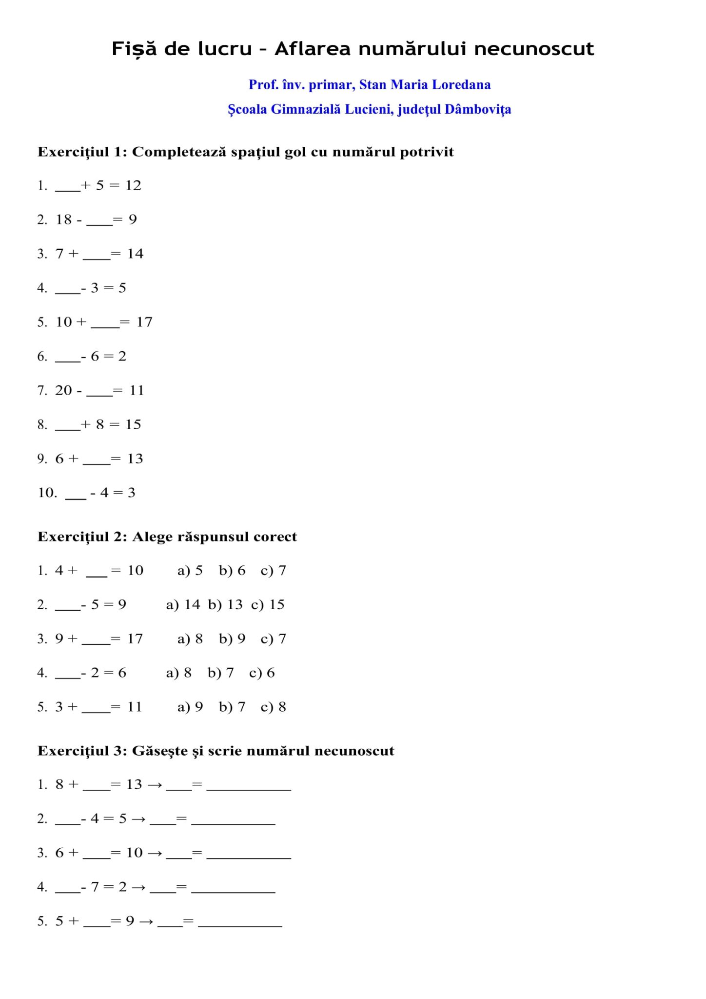 AcademiaABC – Fișă de lucru-Aflarea numărului necunoscut Clasa I
