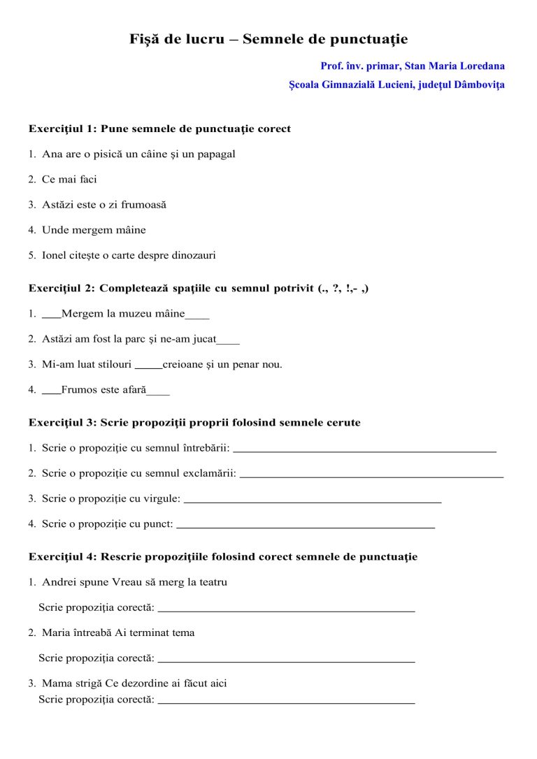 AcademiaABC – Fișă de lucru-Semnele de punctuație Clasa a II-a