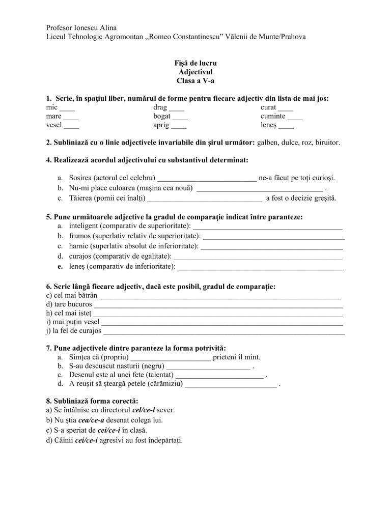 AcademiaABC – Fișă de lucru Clasa a V-a Adjectivul