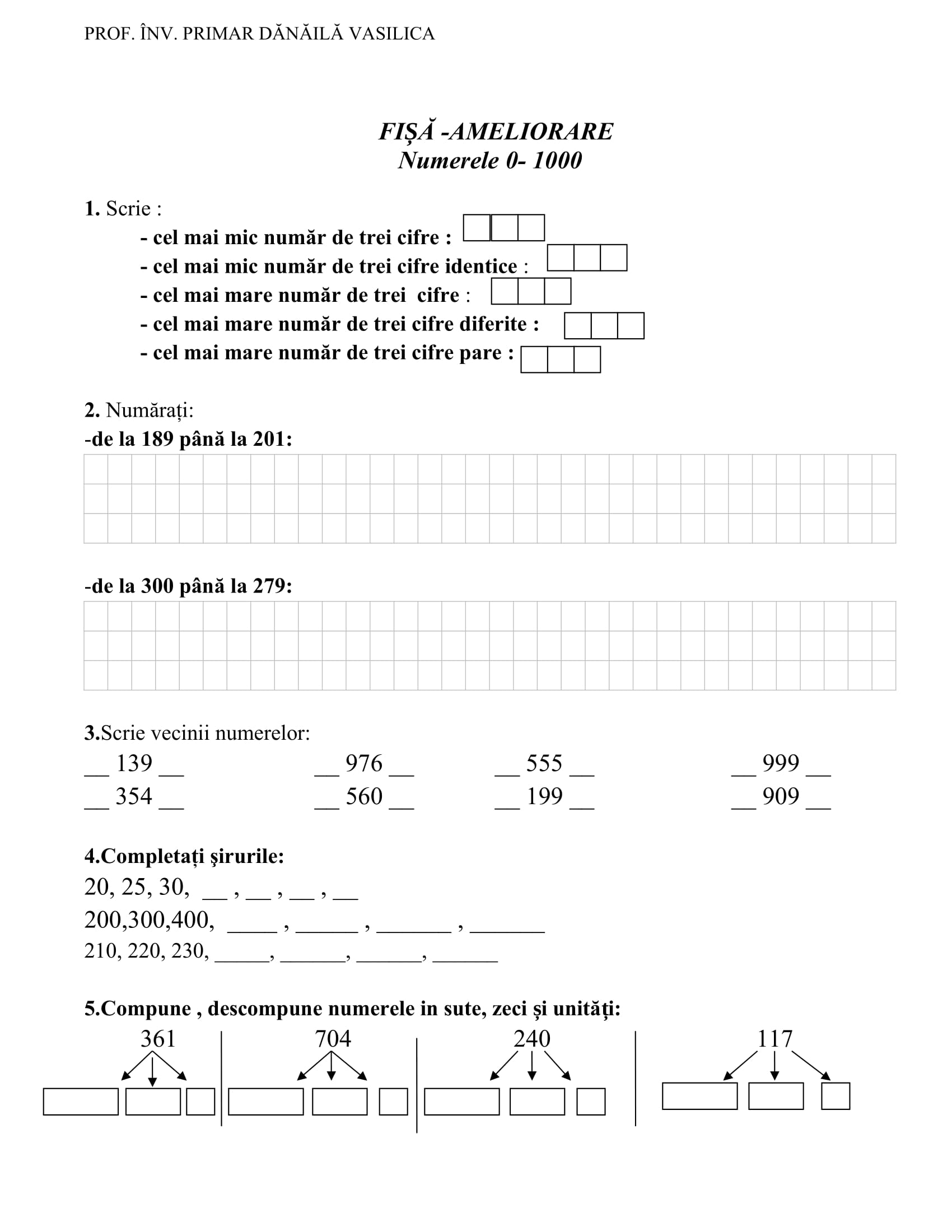 AcademiaABC – Fișă de lucru Matematică Numerele naturale 0-1000(Ameliorare)