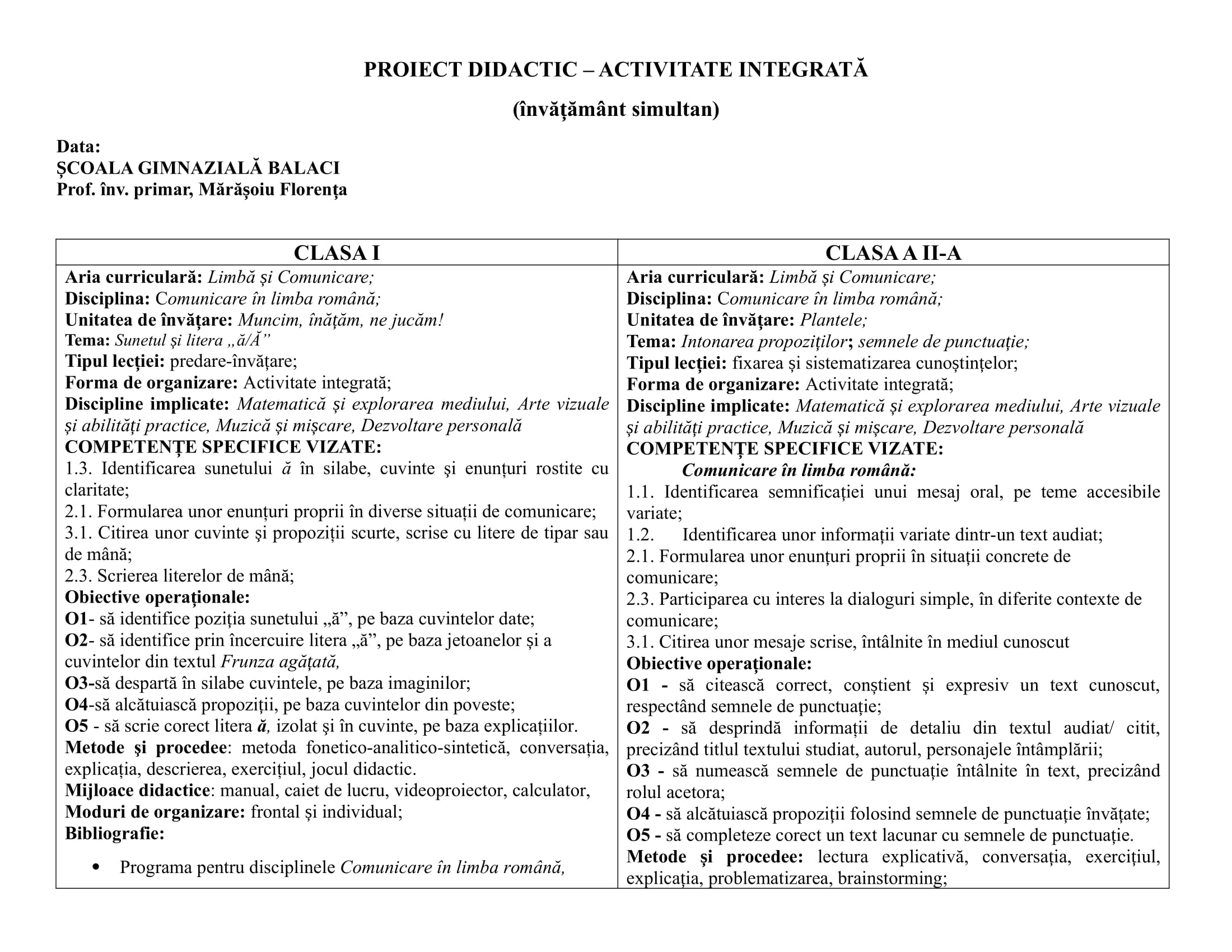 AcademiaABC – Proiect didactic–Activitate integrată (Învățământ simultan)