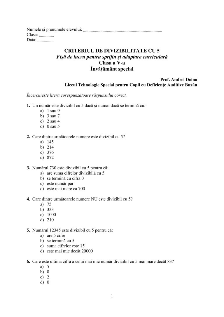 AcademiaABC – Fișă de lucru Clasa a V-a Învățământ special -Criteriul de divizibilitate cu 5 ...
