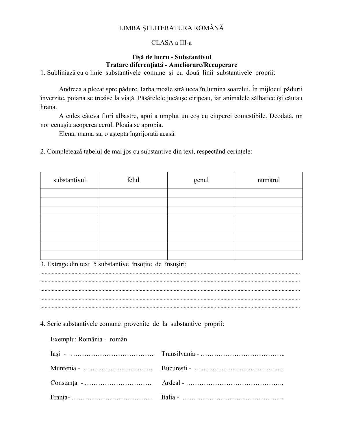 AcademiaABC – Fișă de lucru Clasa a III-a Substantivul (Ameliorare/Recuperare)