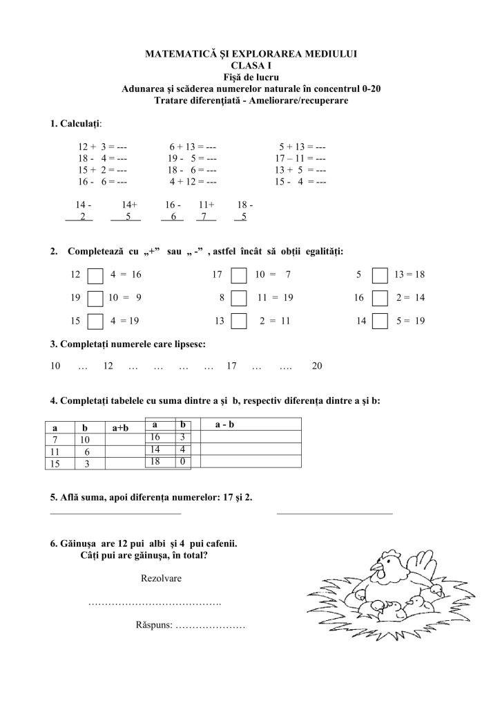 AcademiaABC – Fișă de lucru Clasa I-Adunarea şi scăderea numerelor naturale în concentrul 0-20 ...
